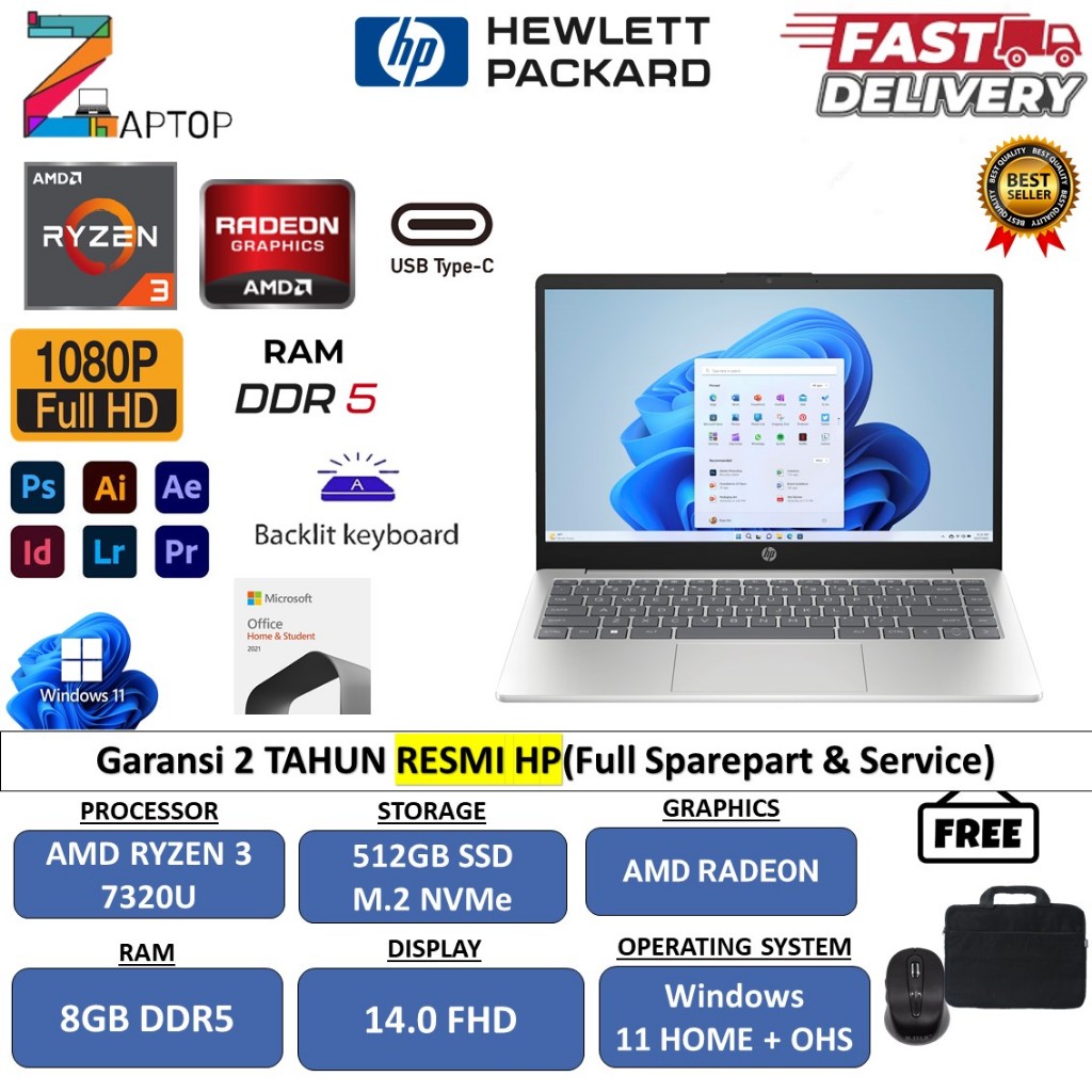 Jual Laptop HP 14 EM0332AU AMD Ryzen 3 7320U 8GB DDR5 512GB 14.0 FHD ...