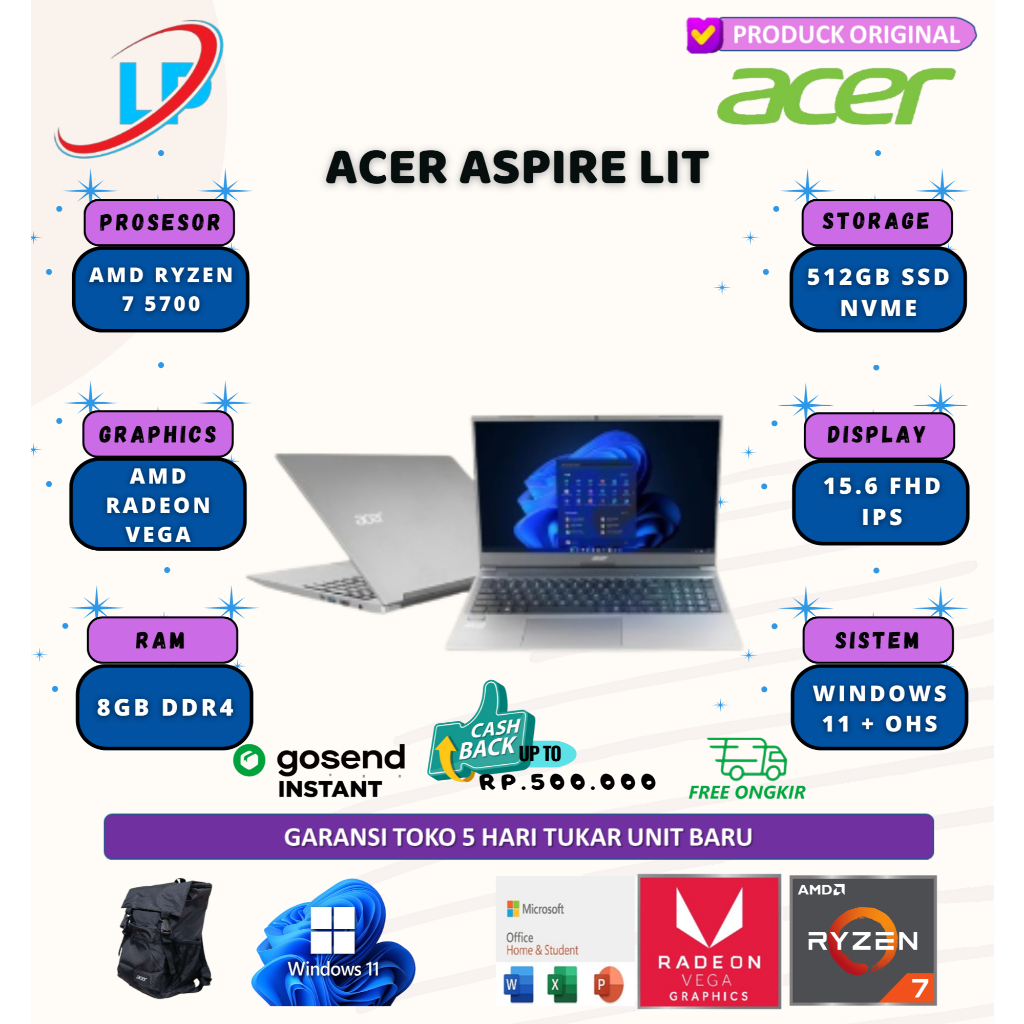Jual Acer aspire lite AL15 ryzen 7 5700 8gb 512gb w11+ohs 15.6 fhd ips ...