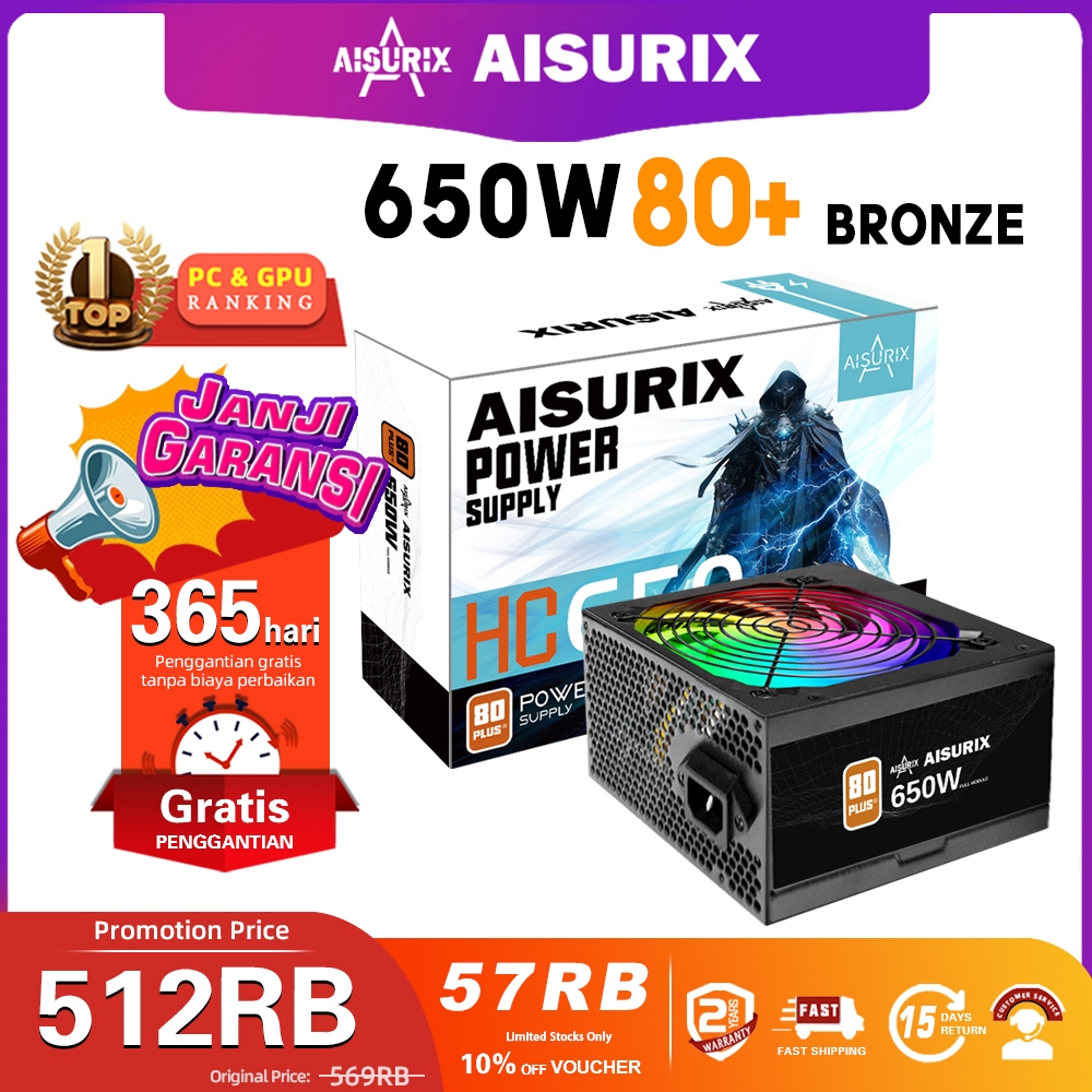 Jual AISURIX PSU 650W 80PLUS 80+ Bronze Power Supply 650W Gaming 650 Watt 80+ Bronze black ...