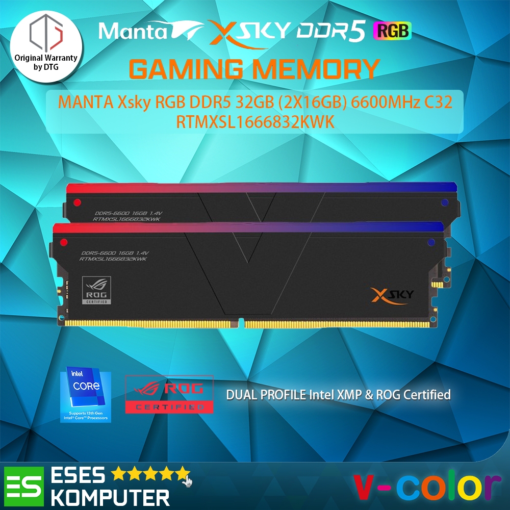 Jual RAM v-color DDR5 MANTA XSky RGB 32GB (2x16GB) 6600MHz XMP & ROG CERTIFIED RTMXSL1666832KWK ...