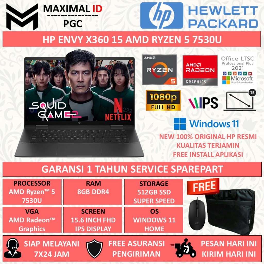 Jual Laptop Hp Envy X360 AMD Ryzen 5 7530U Ram 8GB 512GB SSD FHD IPS BL ...