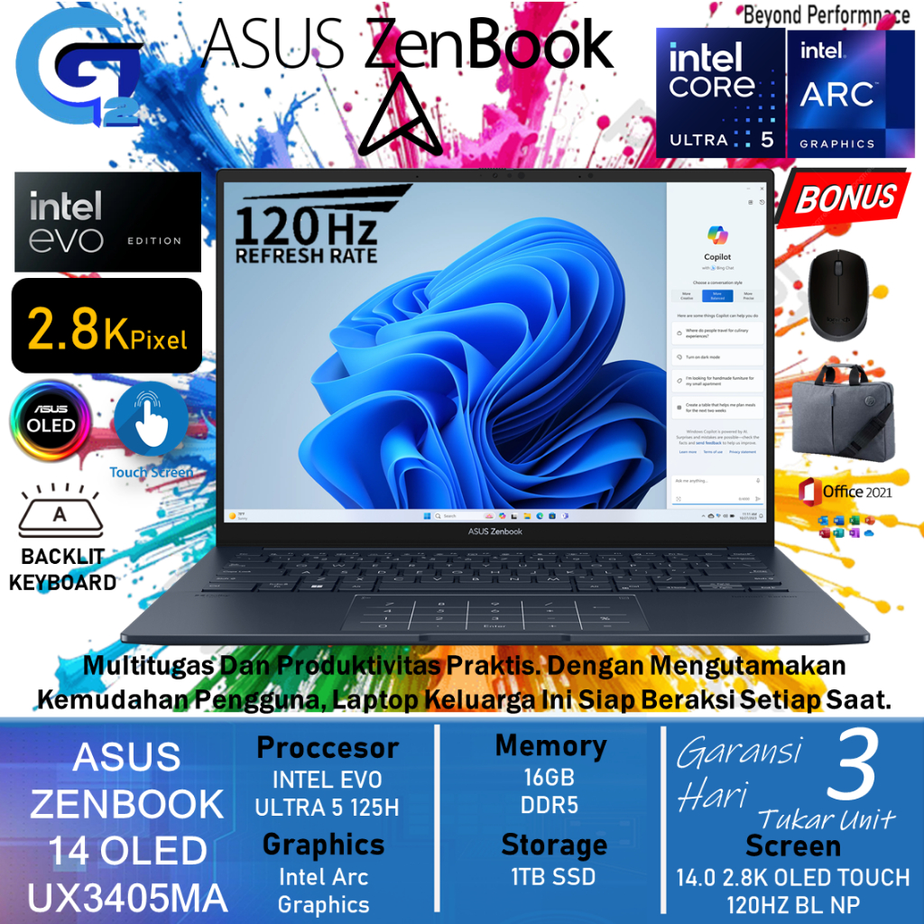 Jual Laptop Asus Zenbook 14 OLED UX3405MA Intel EVO Ultra 5 125H 16GB ...