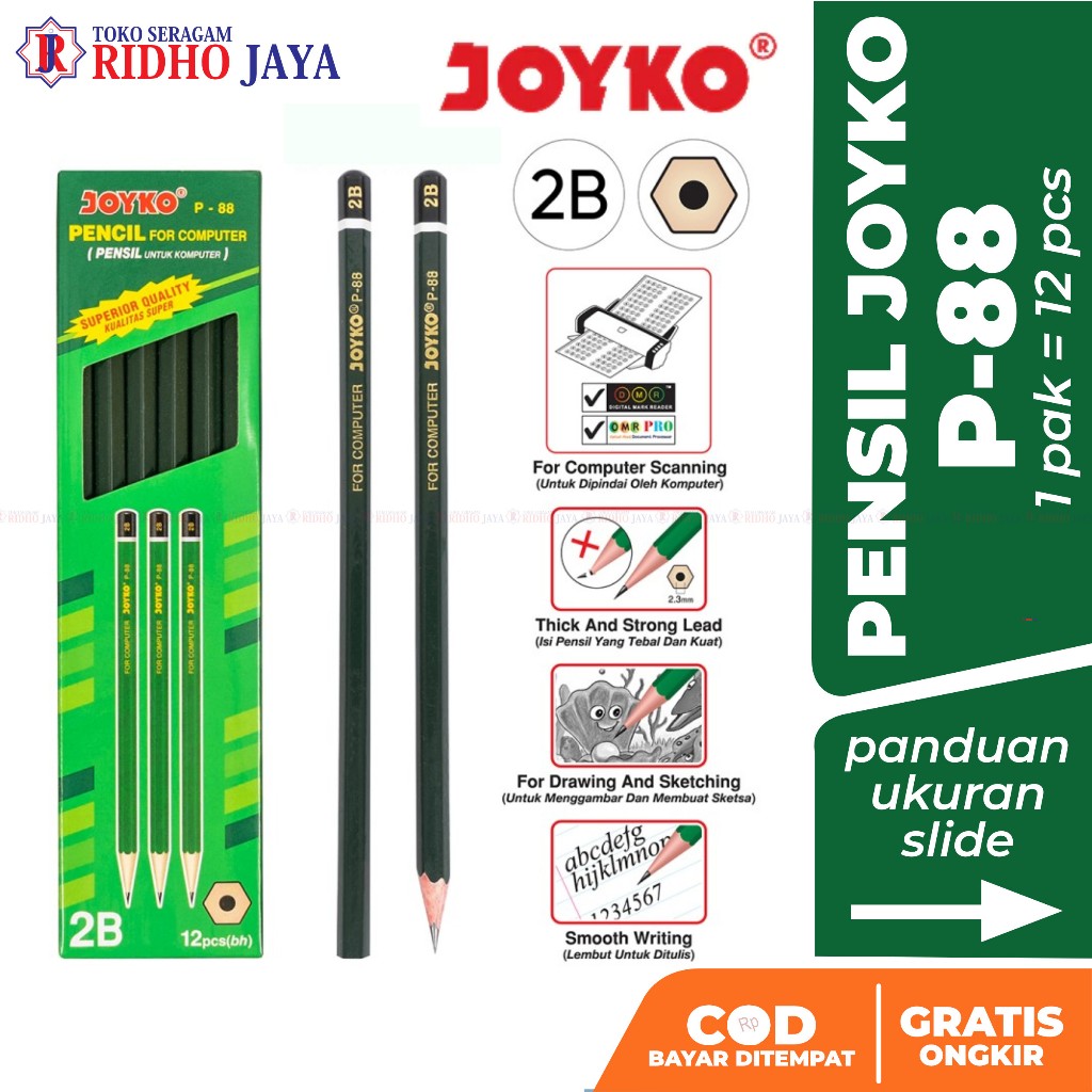 Jual RIDHO JAYA (Harga 1 pack) Pensil Joyko 2B P88 Pensil 2B komputer untuk Ujian Pencil ...