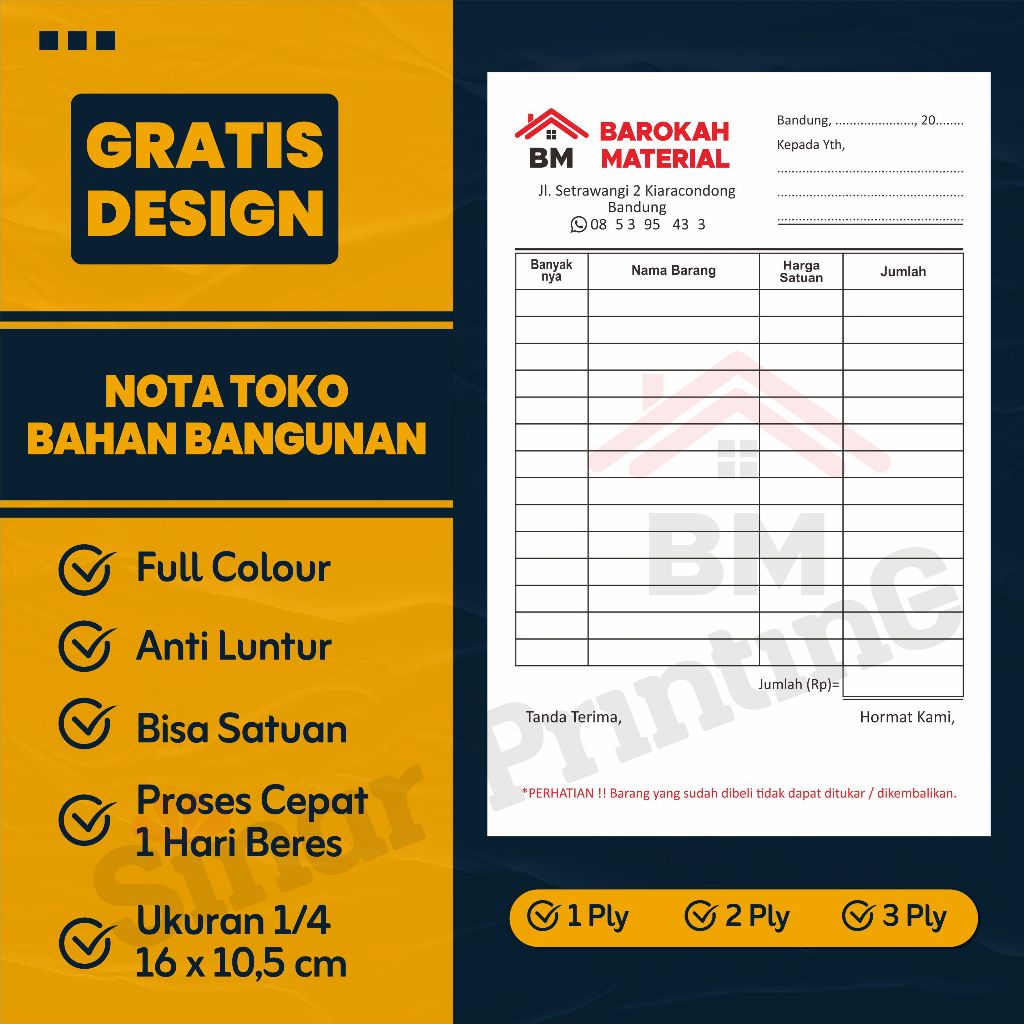 Jual Cetak Nota Toko Bangunan 1 ply 2 ply 3 ply 1/4 folio satuan isi ...