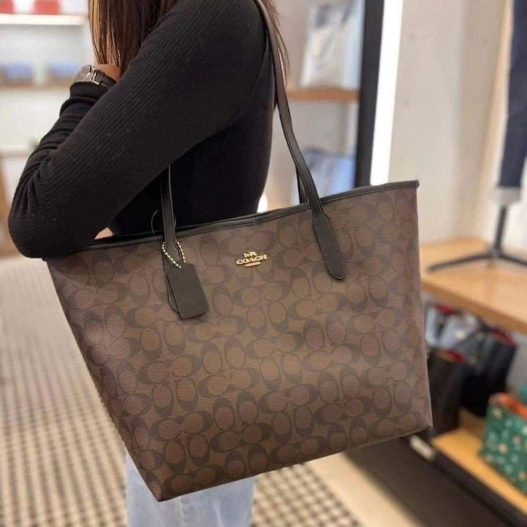 Jual COACH 5696 Signature Open City Tote Black Brown | Shopee Indonesia
