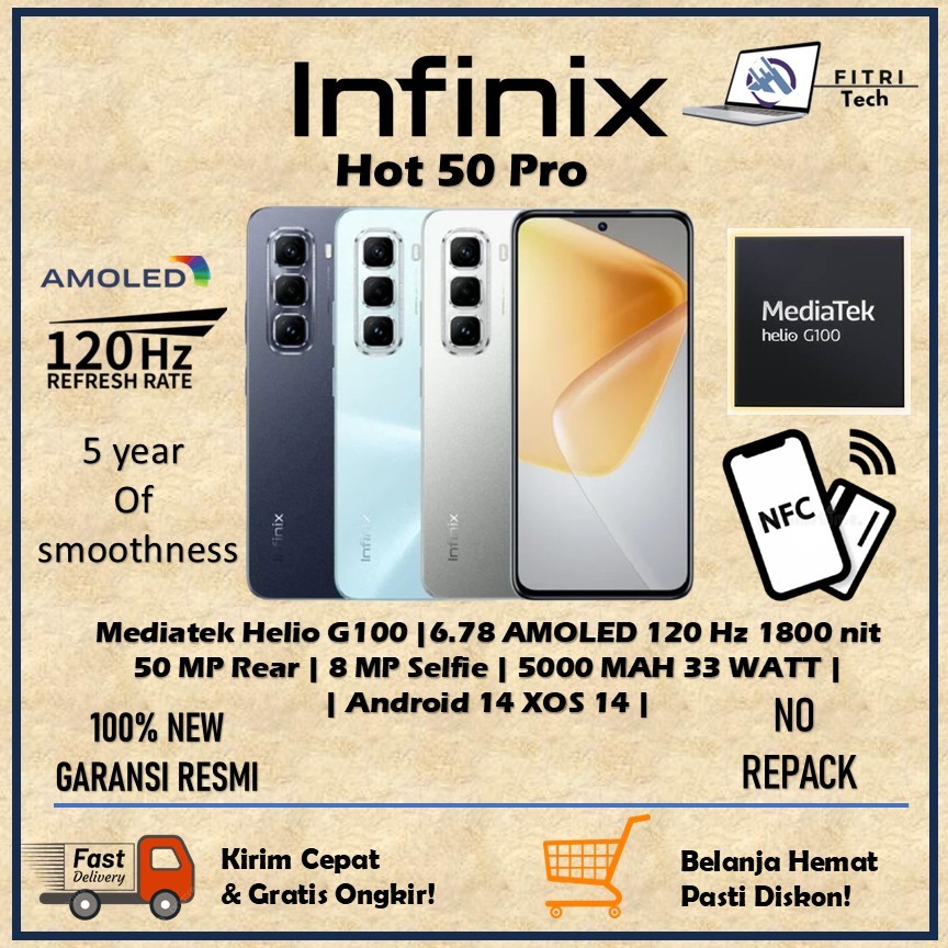Jual INFINIX HOT 50 PRO | MEDIATEK HELIO G100 | RAM 8 GB / 256 GB ROM UFS | 6.78 INC AMOLED 120 ...