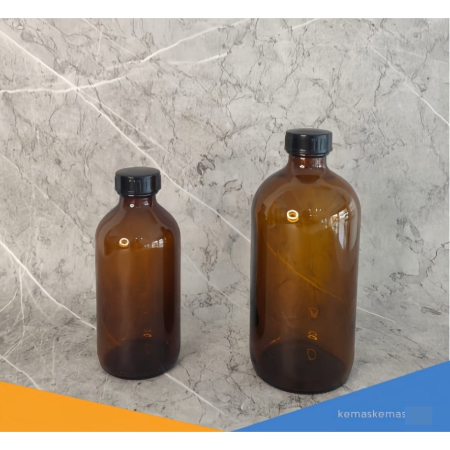 Jual Botol Kaca Round Amber Boston - Botol Kaca Round Madu Susu + Tutup ...
