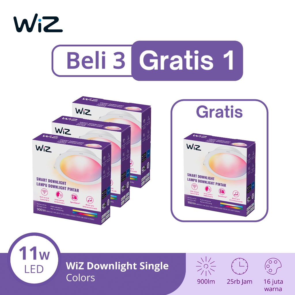 Jual WiZ Paket Lampu Smart LED Downlight 11W WiFi RGB Beli 3 Gratis 1 - Lampu Ceiling Plafon ...
