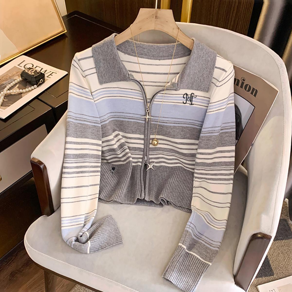 Jual Kardigan Lengan Panjang Rajutan Biru Kerah Polo Ritsleting Ganda Sweater Wanita Gaya Korea ...