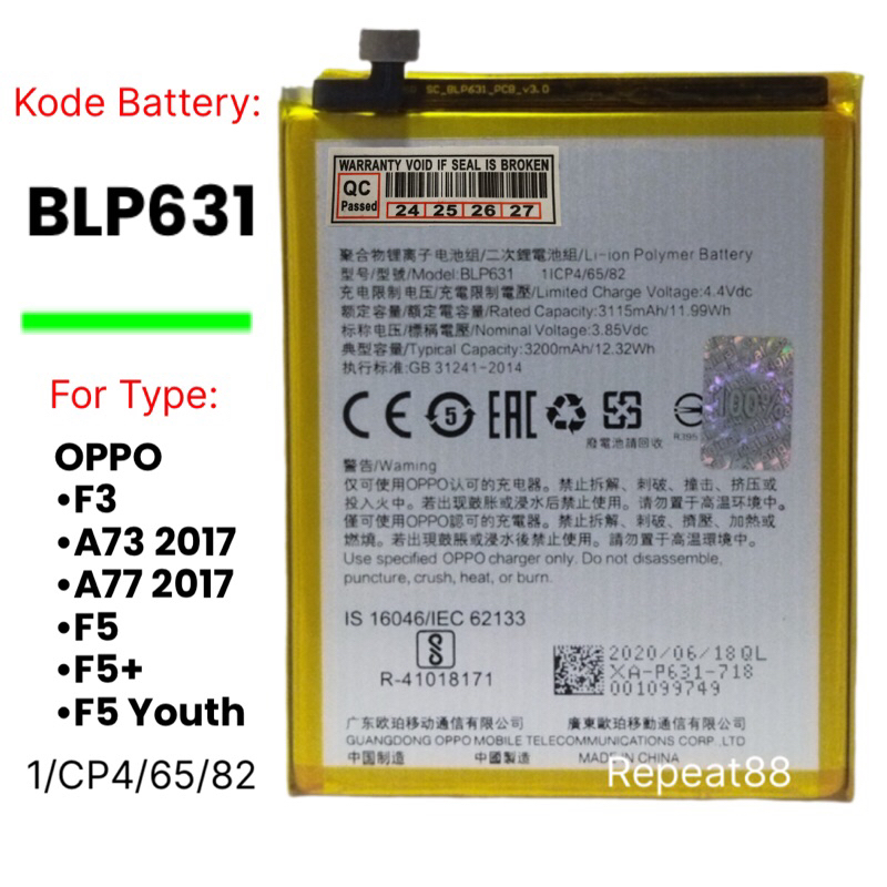 Jual BATERAI OPPO BLP 631 BLP631 F3 F5 F5plus F5+ A77 ORIGINAL 100% ...