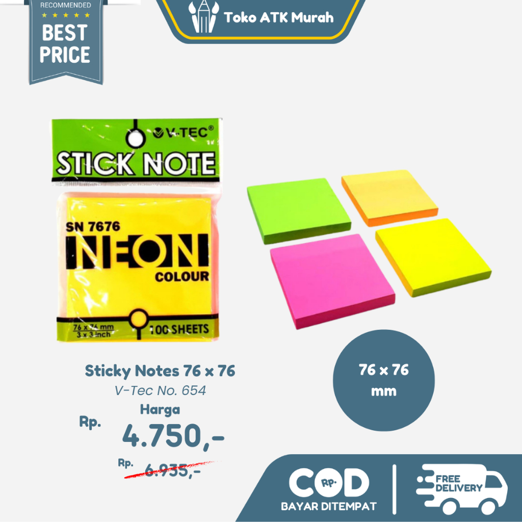 Jual Stick Note V-TEC SN 7676 No. 654 Sticky Notes 76 x 76 mm Memo ...
