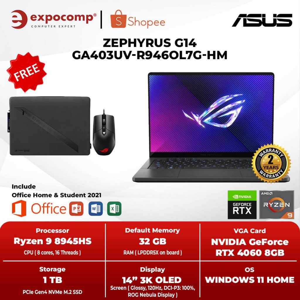 Jual ASUS ROG GAMING ZEPHYRUS G14 GA403UV-R946OL7G-HM GREY AMD RYZEN 9 ...