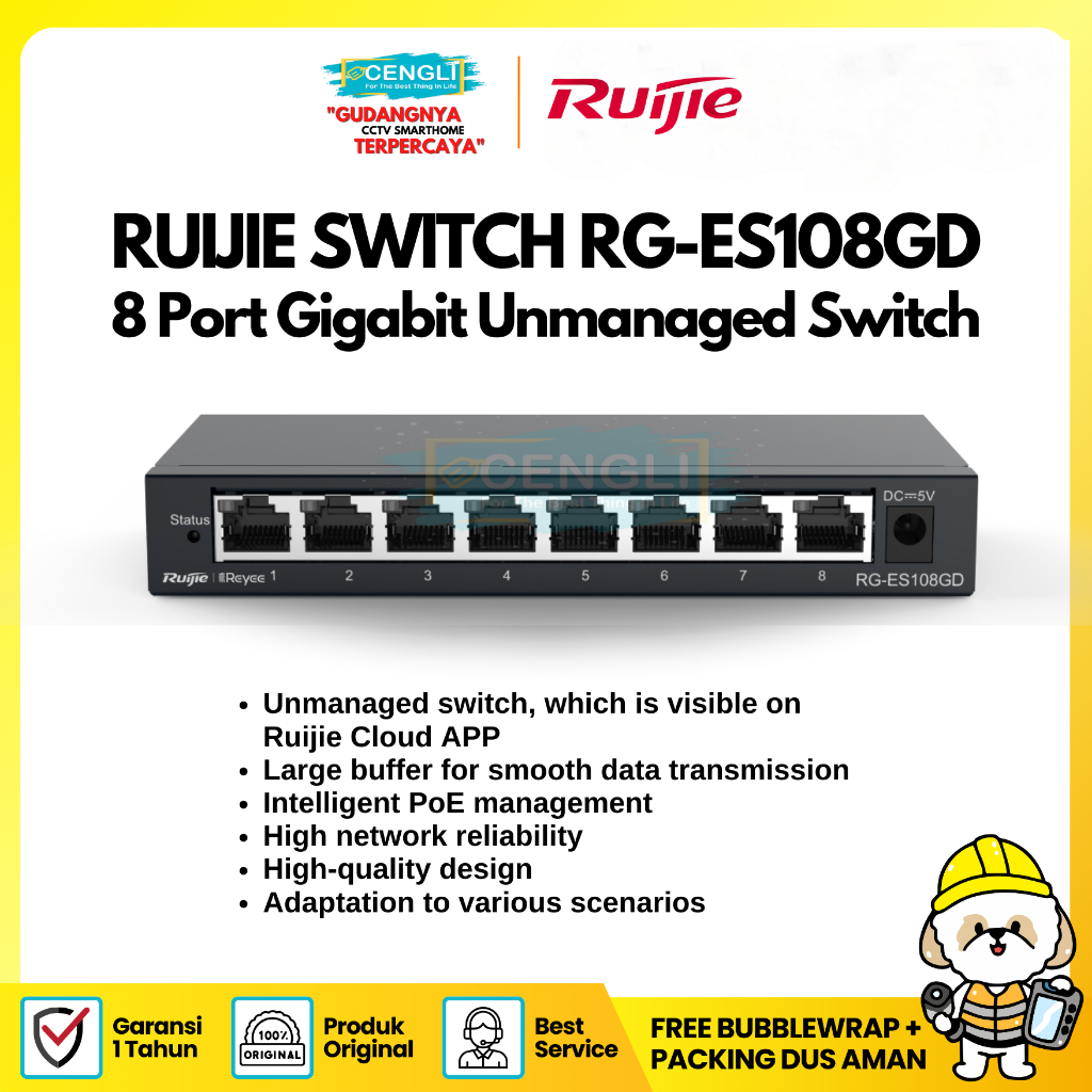 Jual Ruijie Reyee RG-ES108GD Switch Hub 8 Port Gigabit Unmanaged Metal case | Shopee Indonesia