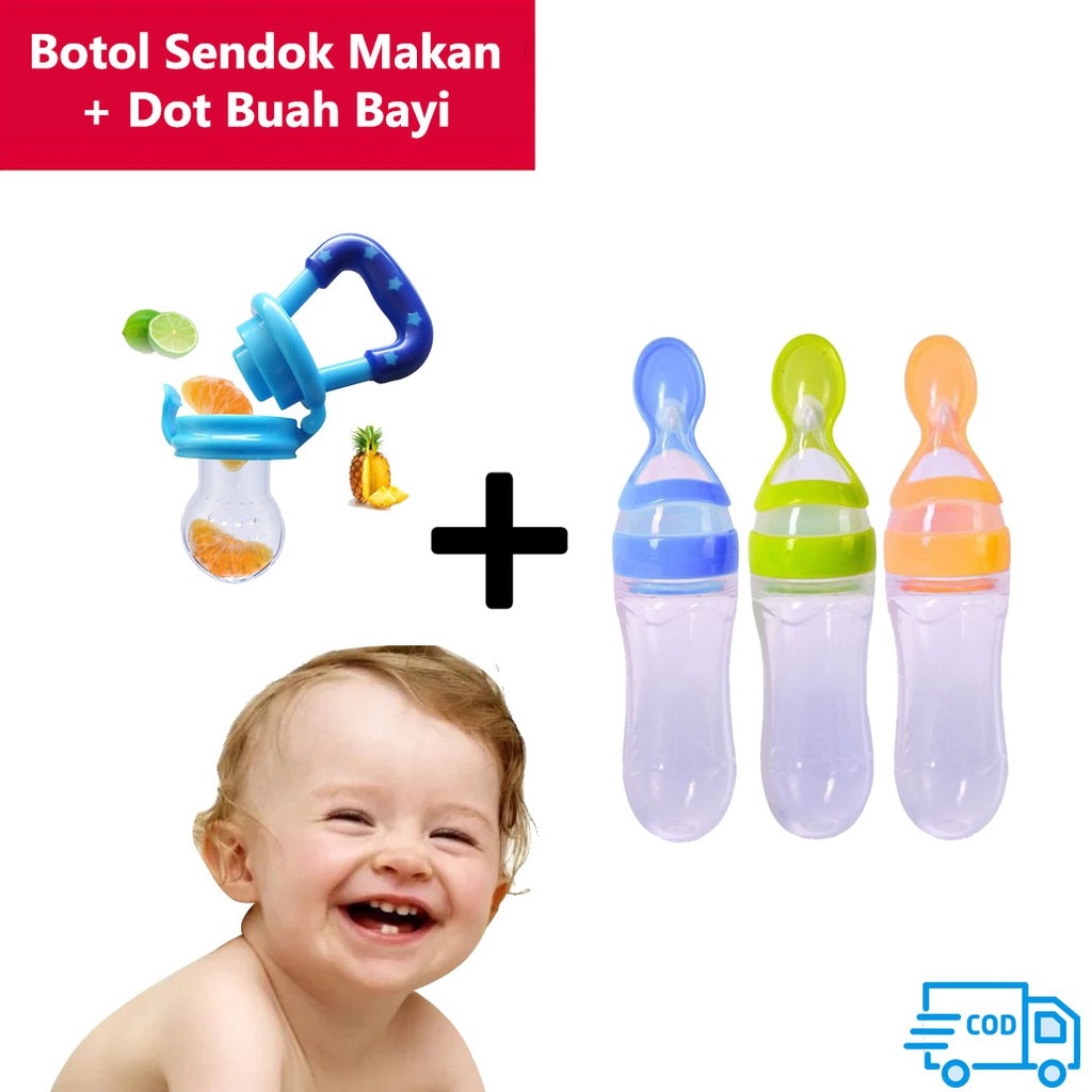 Jual ( COD ) Paket 2In1 Botol Sendok Makan Bayi + Dot Buah Bayi Warna ...