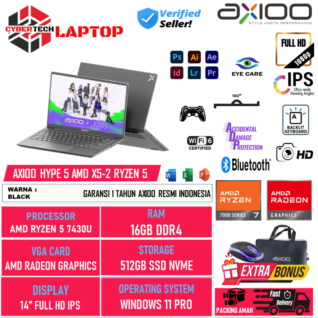 Jual Laptop Sekolah Axioo Hype 5 AMD X5-2 Ryzen 5 7430U 16GB 256GB 14 ...