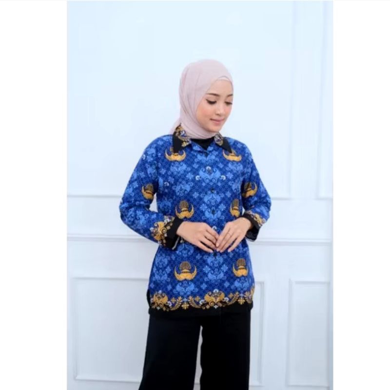 Jual Seragam Kemeja Baju Batik Korpri Wanita Terbaru Kerah Tangan Hitam Bahan Sritek C40s Lapis ...
