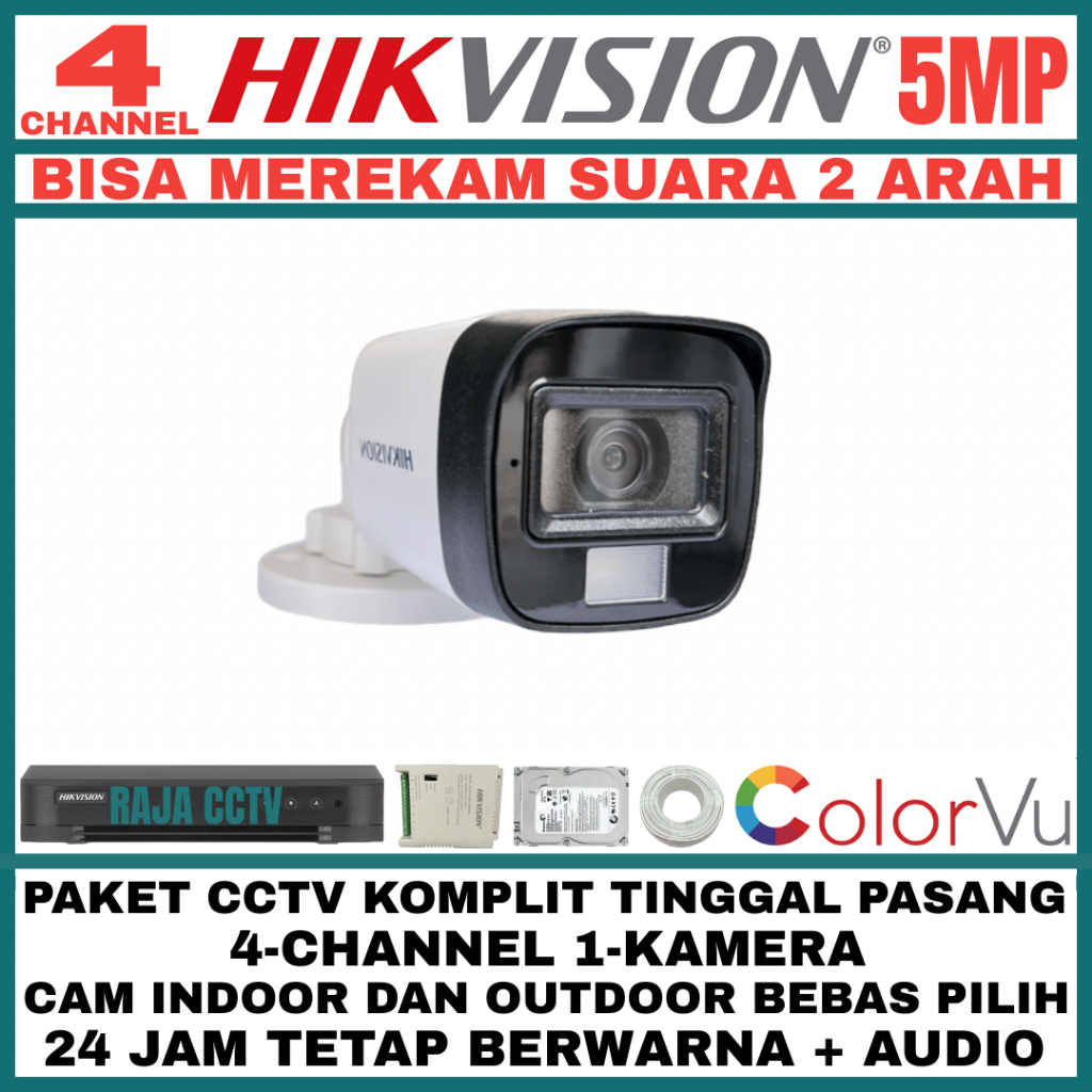 Jual paket cctv hikvision 5mp colorvu 4 channel 1 camera two way audio ...