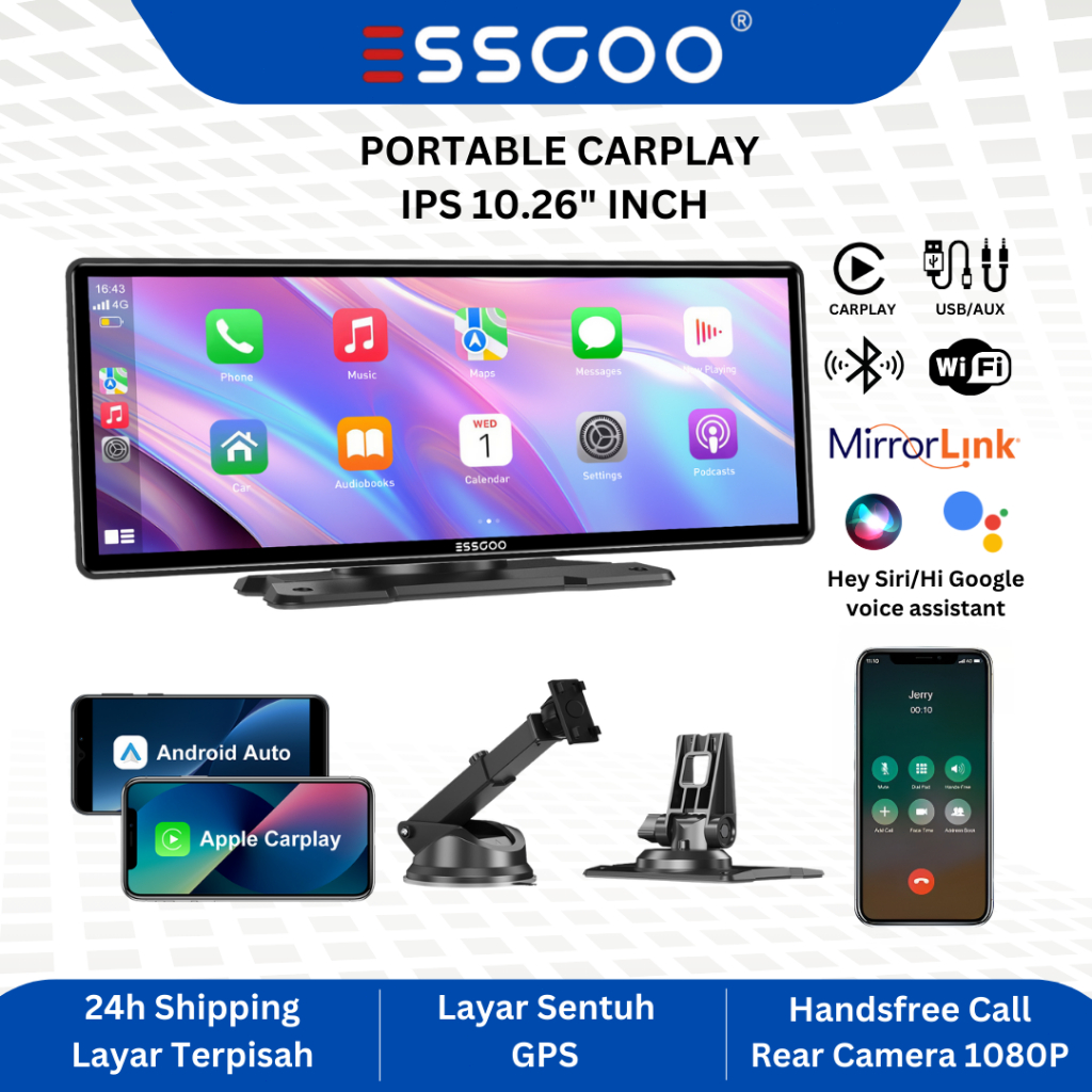 Jual ESSGOO 10inci Portable Carplay Nirkabel Portabel Multimedia Mobil ...