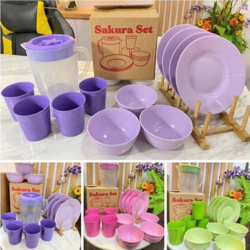 Jual (13 PCS) TEKO GELAS MANGKOK PIRING SAKURA SET / SET PIRING MANGKOK ...