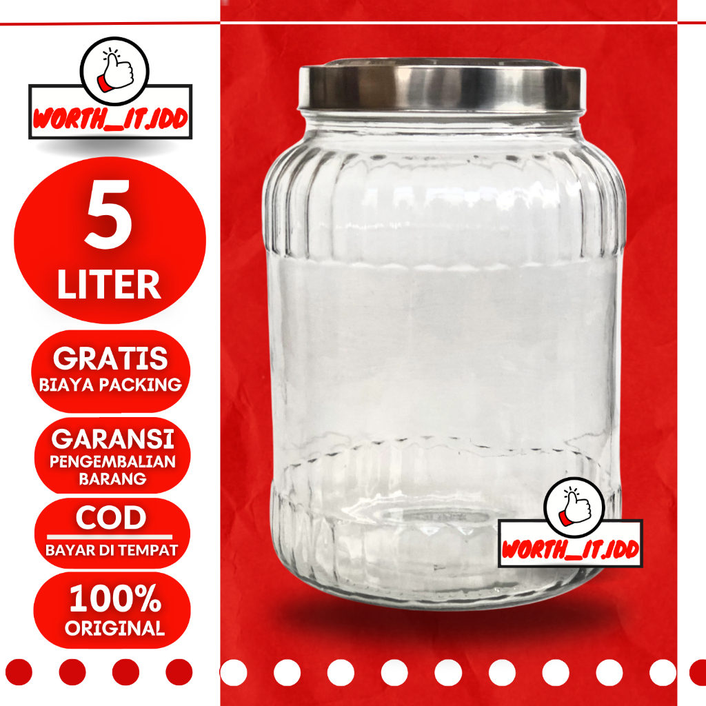 Jual TOPLES KACA KEDAP UDARA 5 LITER TUTUP STAINLESS STEEL PEGANGAN ...