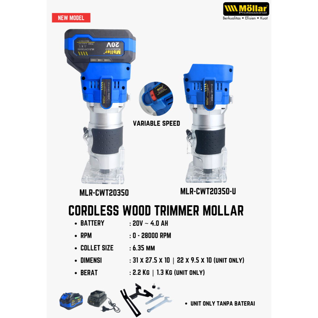 Jual MOLLAR CWT20350U New Gen 3 Mesin Router Kayu Trimmer Cordless ...
