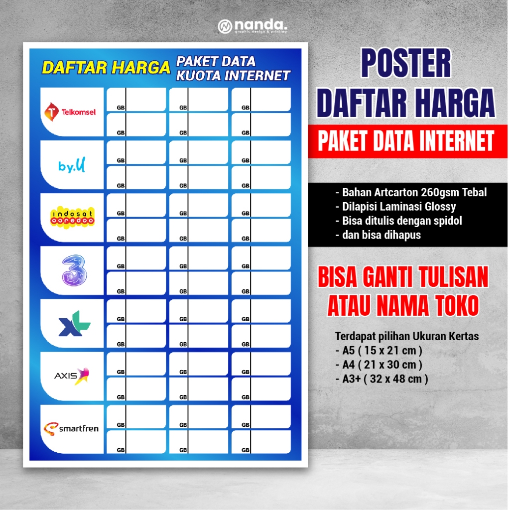 Jual Poster Daftar Harga Paket Data Internet– Cetak A5 A4 A3 ...