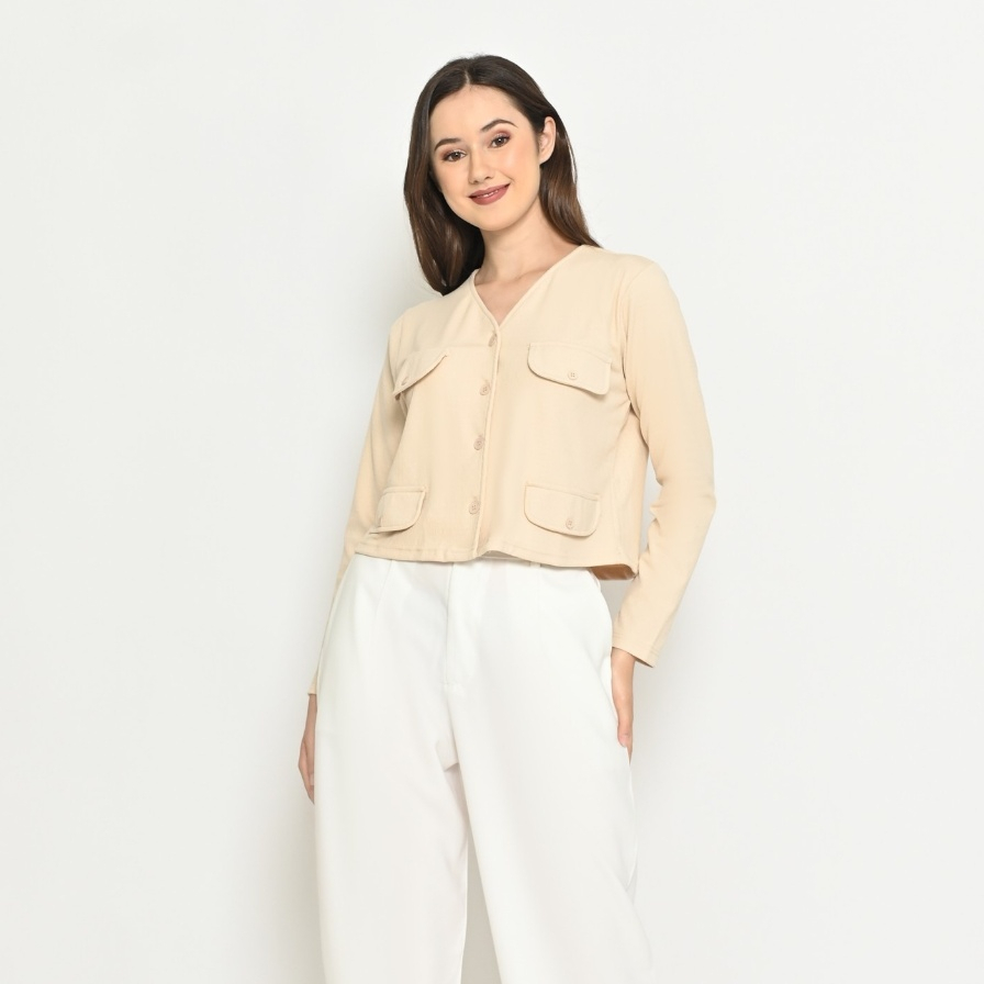 Jual QUEENTIN Cardigan Crop V Neck Wanita 0435 Stretch Brickwork ...