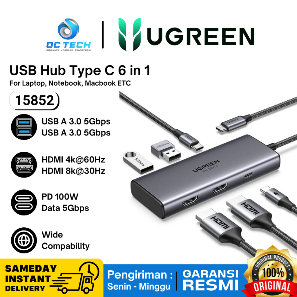 Jual Ugreen 15852 USB Hub Type C 6 in 1 Multiport Adapter Dual HDMI 8k ...