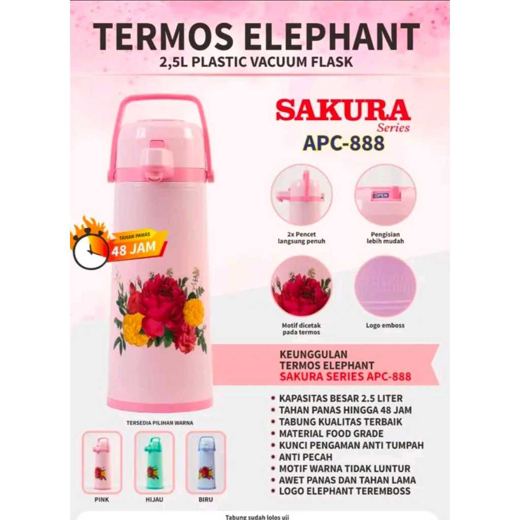 Jual Thermos Air Plastik Elephant Vacuum Flask 2.5L Sakura Series APC-888 | APC 888 Kapasitas 2 ...