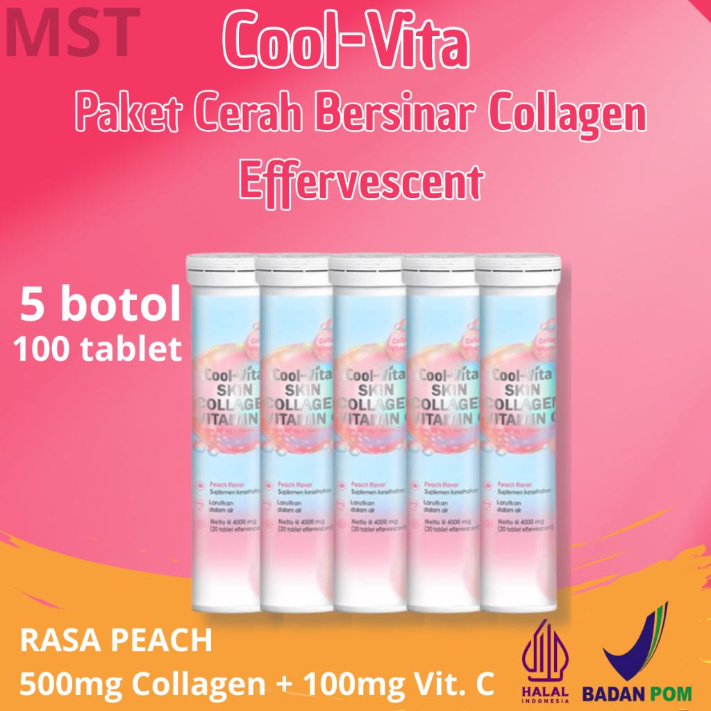 Jual Coolvita Paket Cerah Bersinar Collagen Effervescent 100 Tablet Collagen - 5 Tube Rasa Peach ...