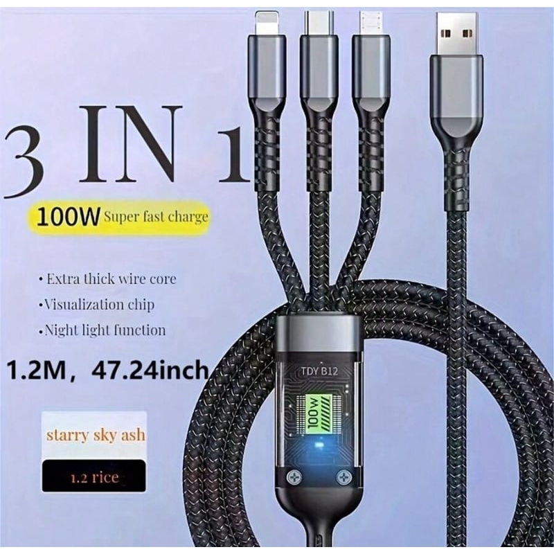 Jual Kabel data 3in 1 Fast Charger 100W ISB Micro, Type C, Lightning ...