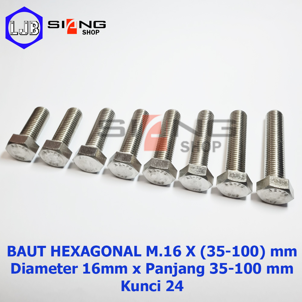 Jual Baut Hex M16 Stainless 304 THE A2-70 Panjang 35 sd 100mm | Shopee Indonesia