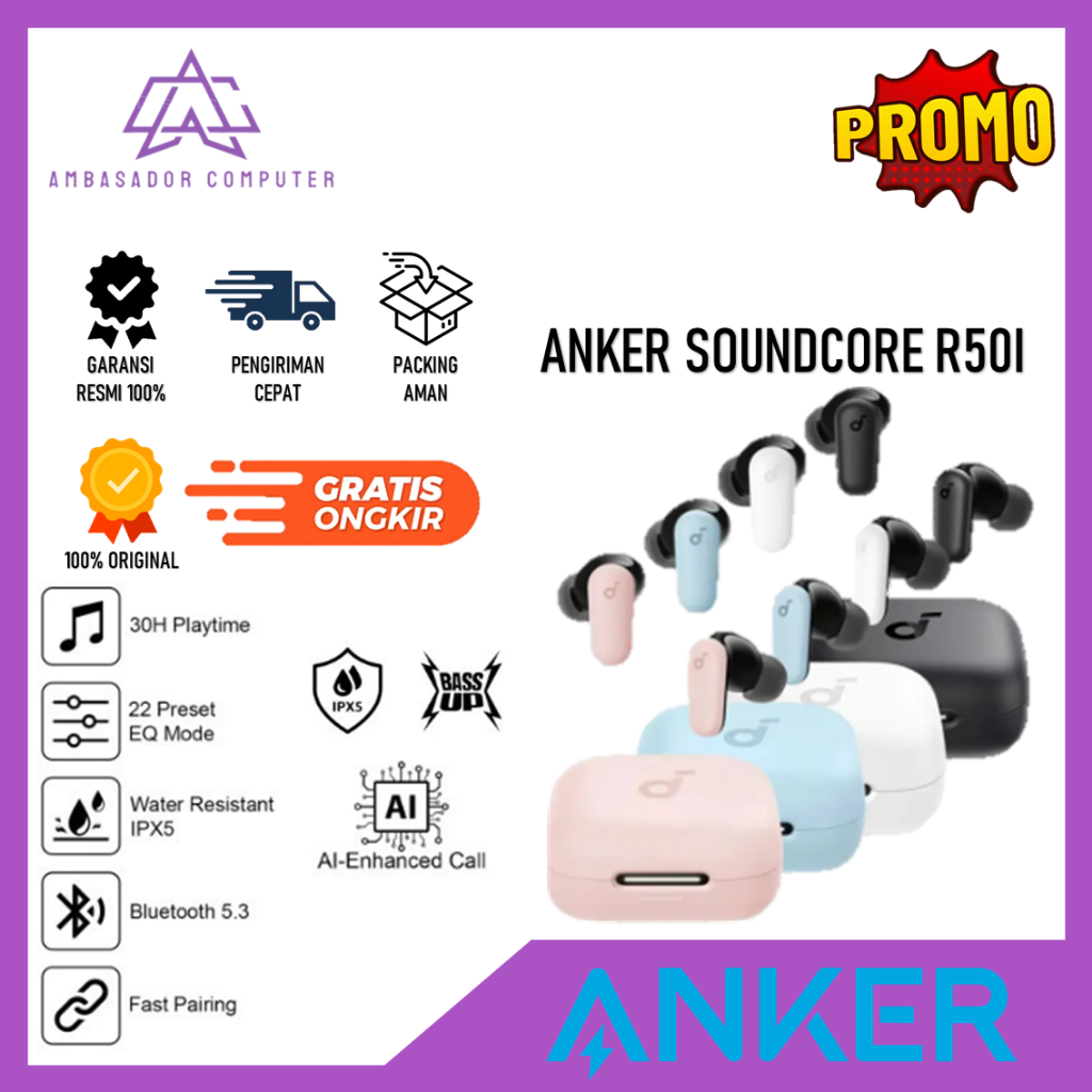Jual TWS anker soundcore R50I bluetooth 5.4 black,blue,green,pink,white ...