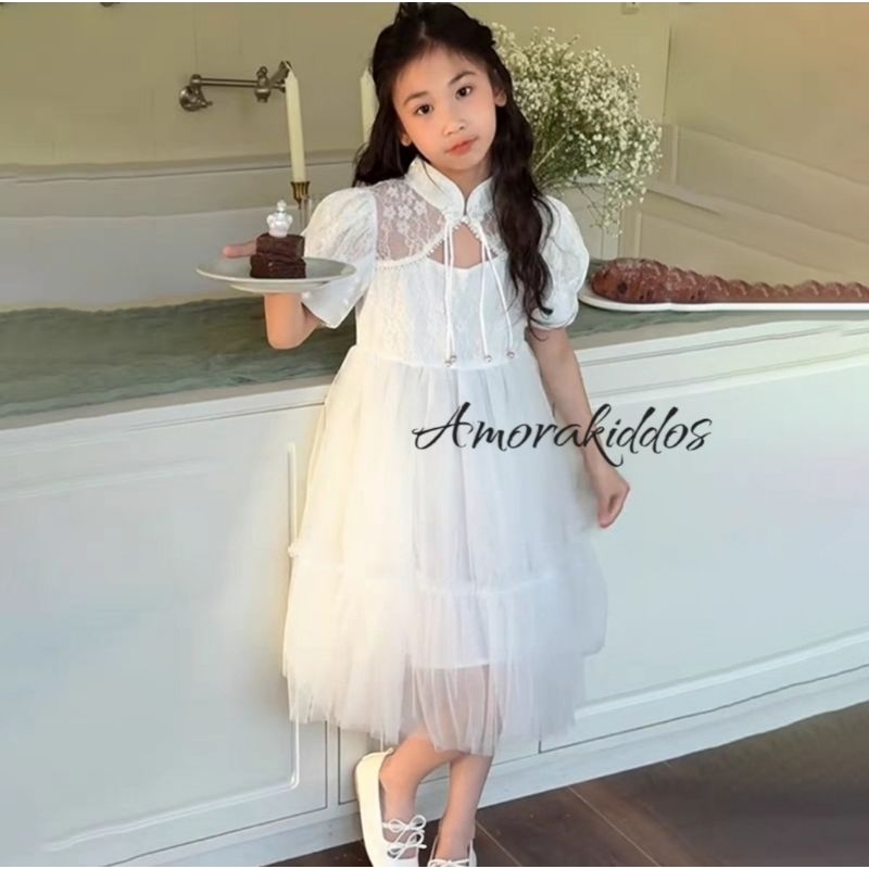 Jual (USIA 4TH) L2II-DRESS CHEONGSAM TILE BRUKAT TILE PUTIH-SOFT PINK ...