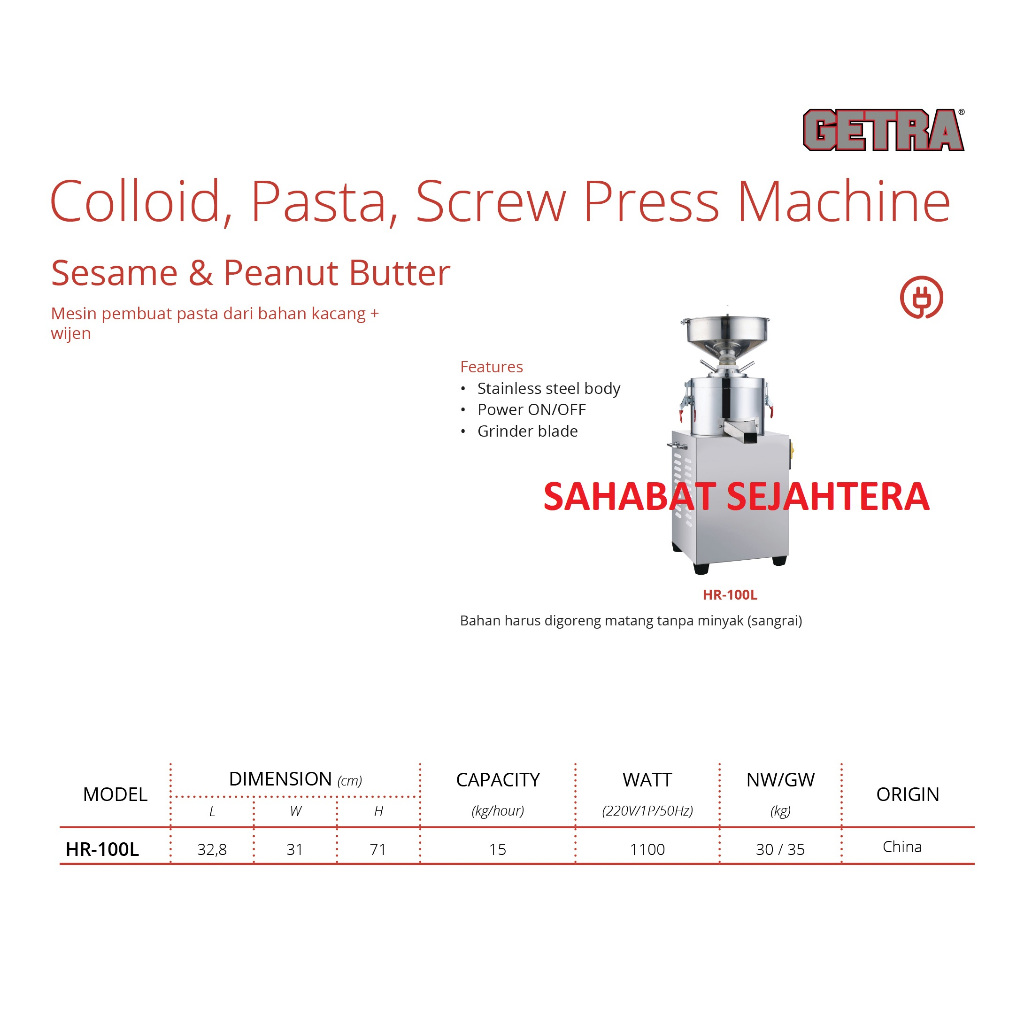 Jual GETRA Peanut & Sesame Butter Machine HR-100L | Mesin Pembuat Selai ...