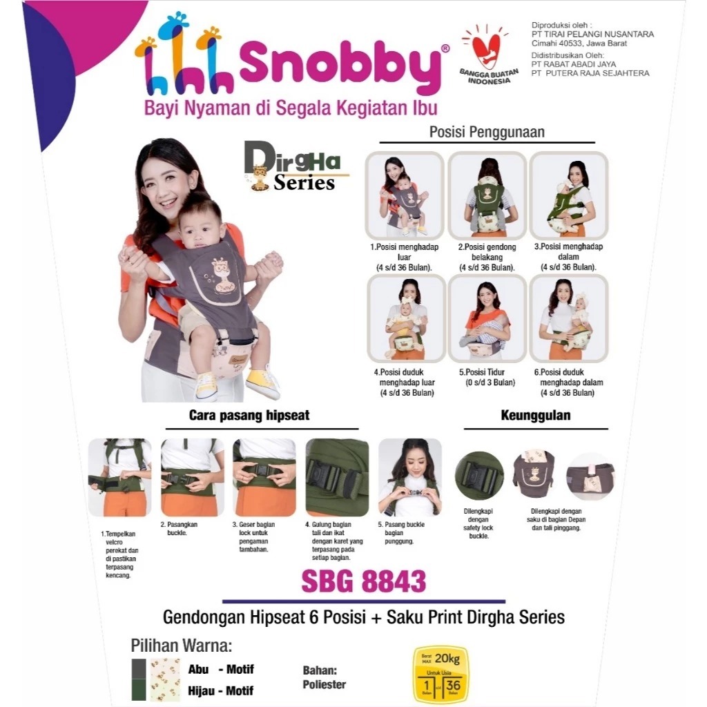 Jual Snobby Gendongan Bayi Hipseat 6 Posisi + Saku Print DIRGHA Series - SBG8843 | Shopee Indonesia