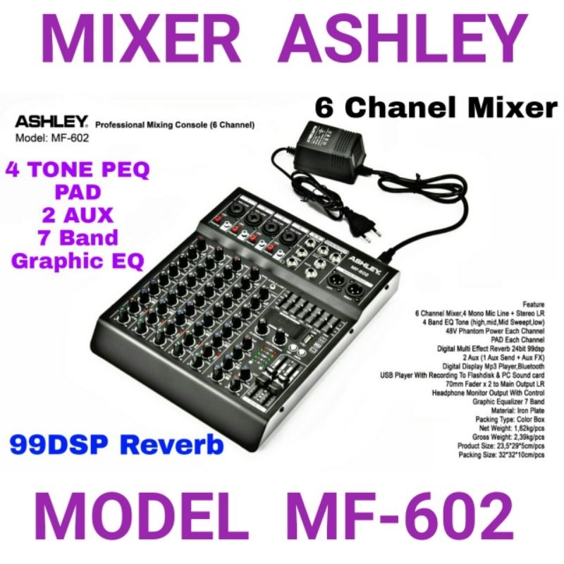 Jual Mixer ASHLEY MF-602 Original Ashley MF602 99DSP Reverb MF 602 Ashley 6 CH MP3 Bluetooth ...
