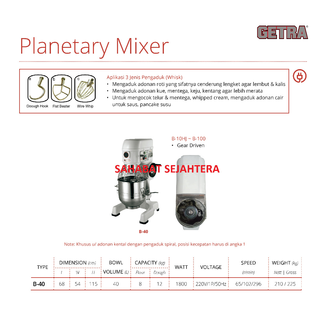 Jual GETRA Planetary Mixer B-40 – Mesin Mixer Roti Kue Adonan Tepung ...