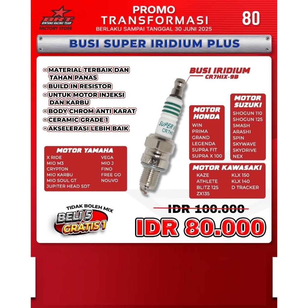 Jual BUSI SUPER IRIDIUM PLUS CR7HIX-9B BRT - KLX 150/D TRACKER/GRAND/LEGENDA/SUPRA FIT/SUPRA X ...