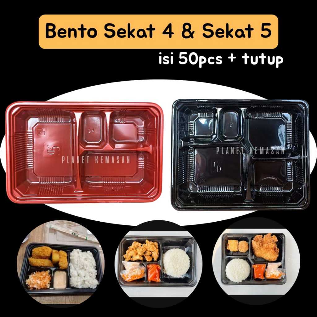 Jual [isi 50] bento sekat 4 bento sekat 5 hitam merah bento sekat 5 ...