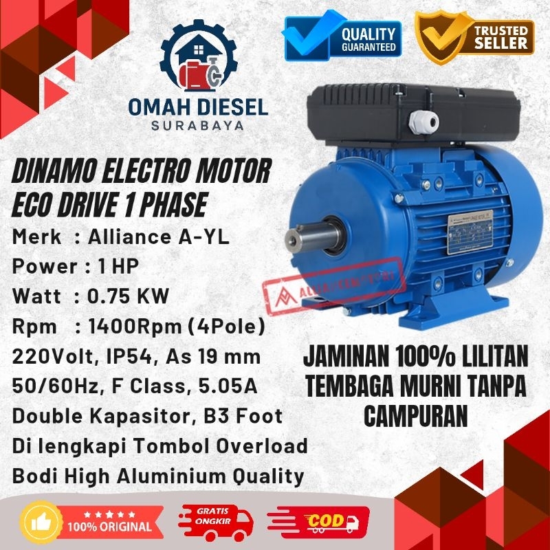 Jual Alliance Dinamo 1 Phase 1 HP 0.75 KW 1400Rpm 100% FULL LILITAN TEMBAGA -- Electro Motor ...