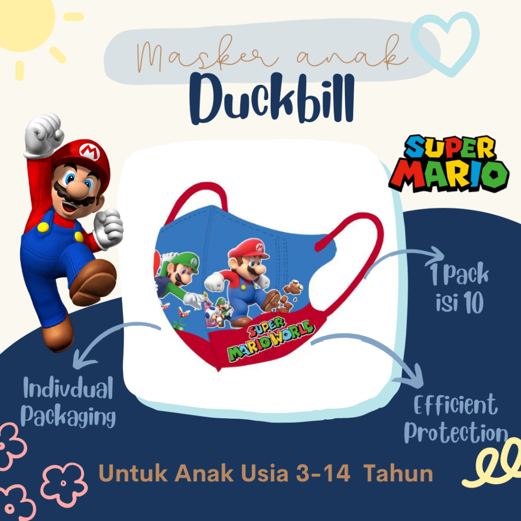 Jual Masker Karakter Anak Duckbill isi 10 bahan halus Karakter Mario ...