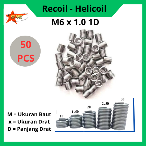 Jual 50Pcs Recoil M6x1 1D Recoil Helicoil Drat Baut 10 Repair Stainless ...