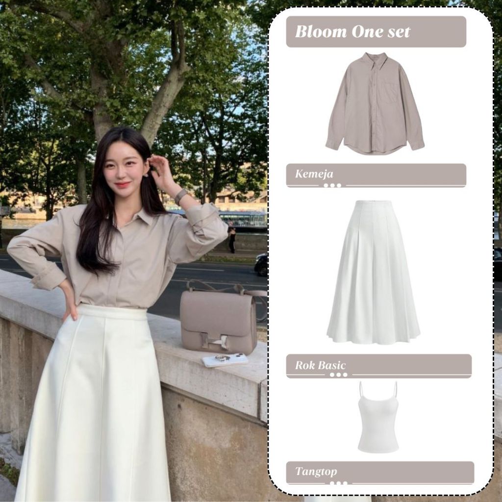 Jual Bloom Outfit Set Wanita Kemeja Basic Rok Joda Inner Tangtop Putih ...