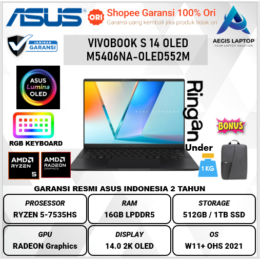 Jual ASUS Vivobook S 14 OLED M5406NA Ryzen 5-7535HS 16GB 512GB 14 ...