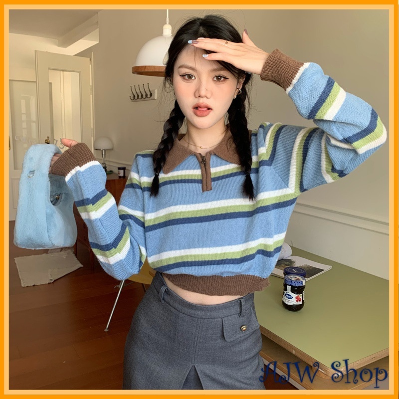 Jual AJW Atasan Wanita Polo Striped Rainbow Knit Import Premium RAH | Baju Wanita Kekinian Polo ...