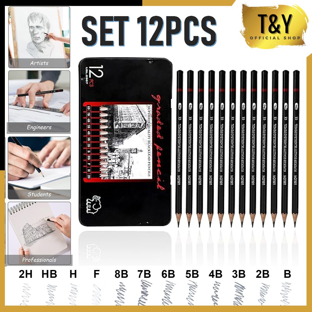 Jual T&Y Set 12pcs Pensil Gambar Sketsa Set Lengkap Pensil Set 12in1 2H H F B HB 2B 3B 4B 5B 6B ...