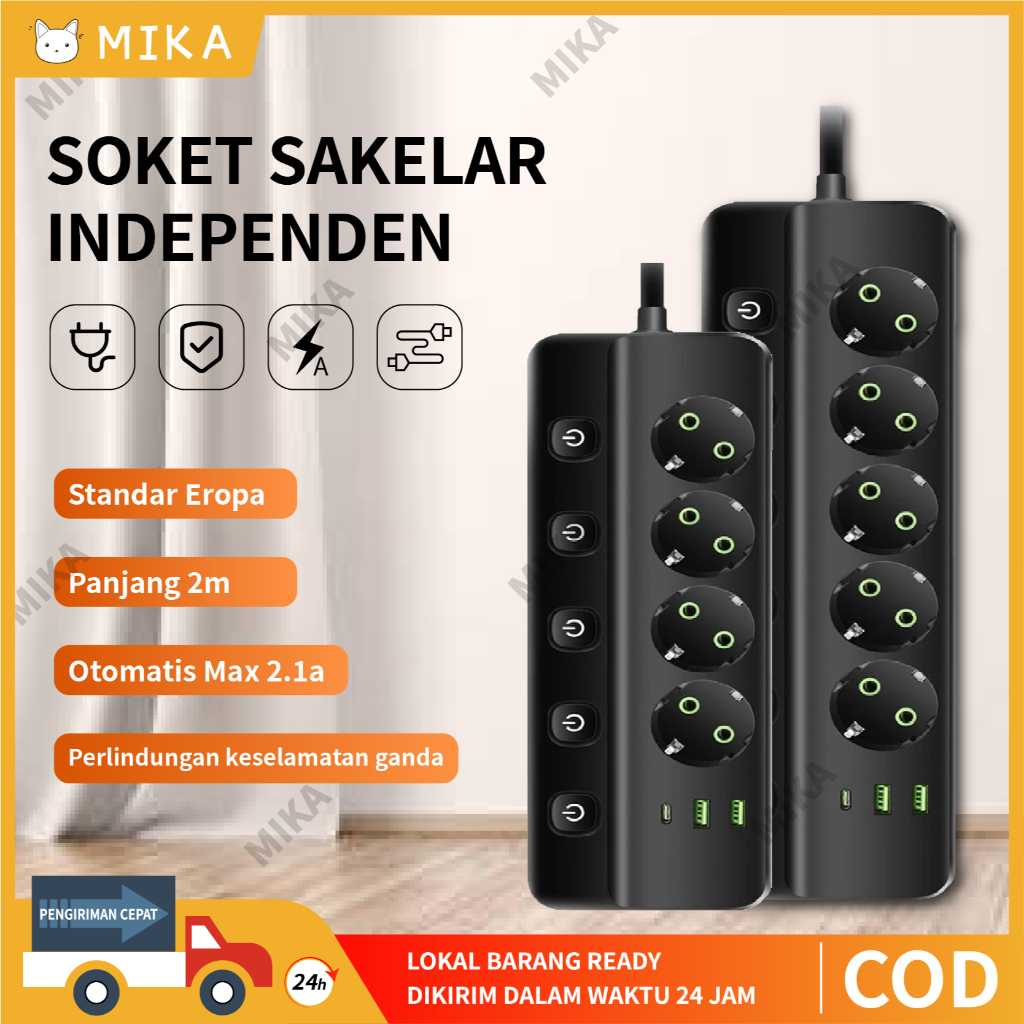 Jual 2500W Soket listrik dengan sakelar terpisah/2 Meter Stop Kontak USB Kabel Serbaguna ...