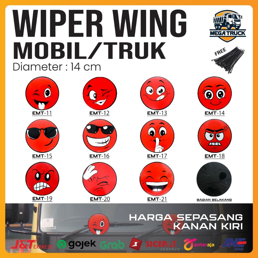 Jual WIPER WING MOBIL UNIVERSAL MODEL EMOTICON MERAH / KUNING 1 SET ...