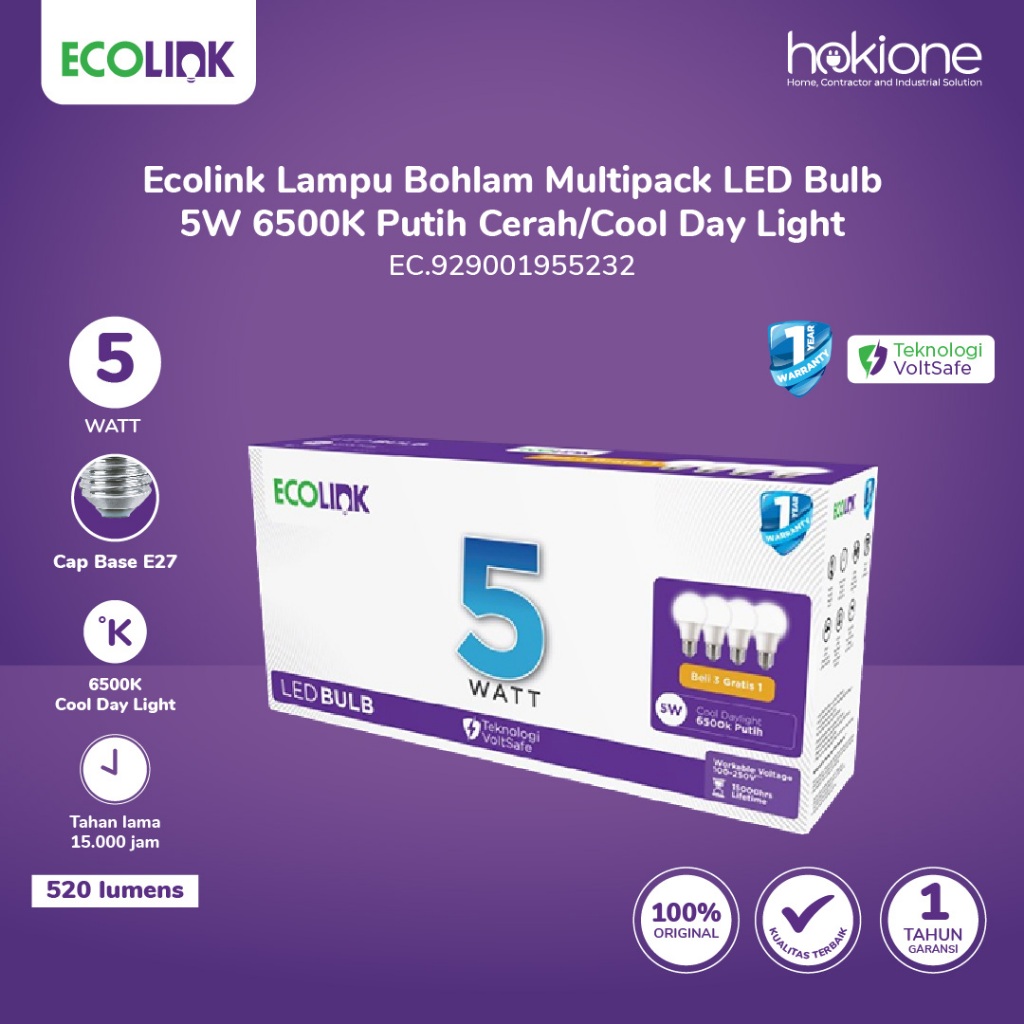 Jual Ecolink Lampu Bohlam Multipack LED Bulb 5W 6500K Putih Cerah/Cool ...